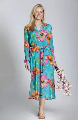 APNY Mix Print Long Sleeve Shirt Dress - Turquoise Multi