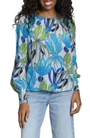 APNY Printed Blouson Sleeve Top - Blue Green Multi