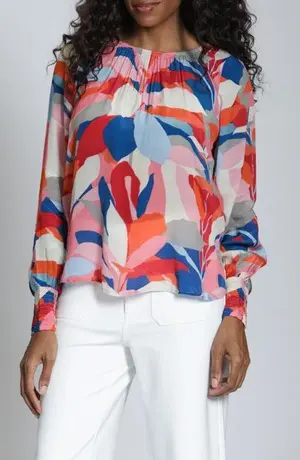 APNY Printed Blouson Sleeve Top - Blue/pink Multi