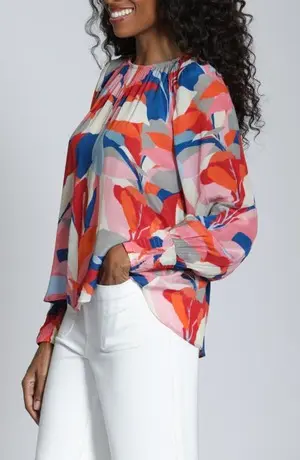 APNY Printed Blouson Sleeve Top - Blue/pink Multi