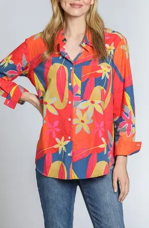 APNY Print Cotton Button-up Shirt - Bright Orange Multi