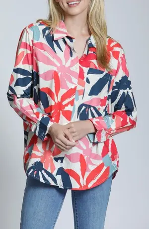 APNY Print Cotton Button-up Shirt - Hot Coral