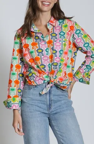 APNY Print Cotton Button-up Shirt - Pink Orange Floral Multi
