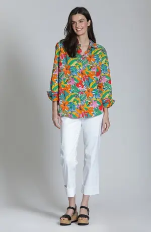 APNY Print Cotton Button-up Shirt - Pinkorange Multi
