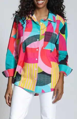 APNY Print Cotton Button-up Shirt - Turquoise Multi