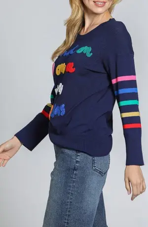 APNY Bouclé Accent Graphic Crewneck Sweater