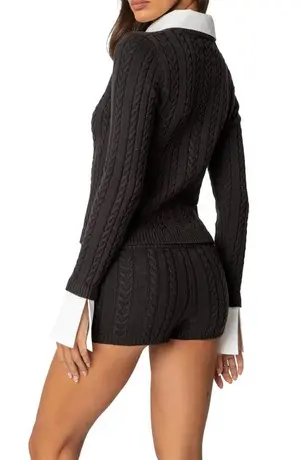 EDIKTED Avey Cable Knit Cardigan With Removable Cuffs And Collar - Dark-gray