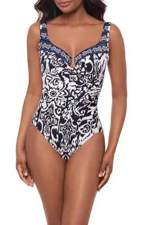 MIRACLESUIT® Talavera Escape Printed One-piece Swimsuit - Midnight Blue/ White