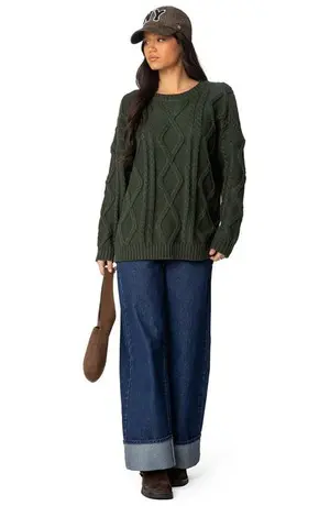 EDIKTED Kennedy Oversize Cable Stitch Sweater - Green