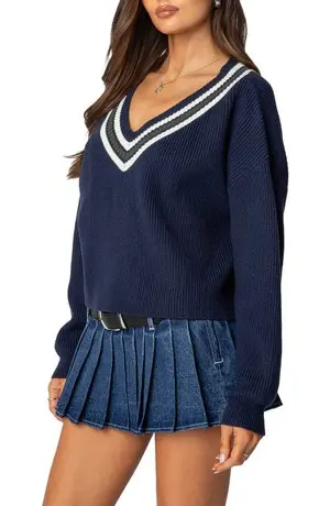 EDIKTED Lauryl Stripe Trim V-neck Sweater - Navy