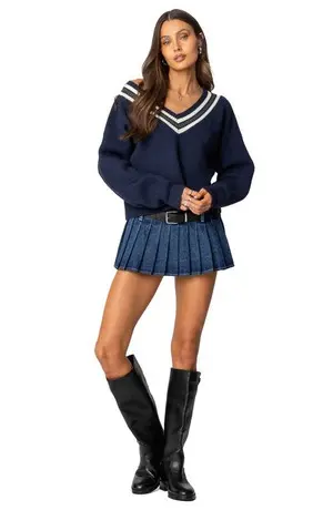 EDIKTED Lauryl Stripe Trim V-neck Sweater - Navy