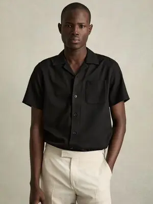 REISS Nitus Herringbone Twill Cuban Collar Short Sleeve Shirt - Black