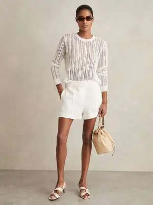 REISS Linen Whipstitch Shorts - White