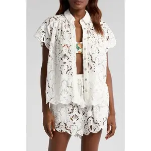 Farm Rio Seashell Embroidered Eyelet Cotton Button-up Shirt