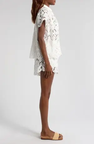 Farm Rio Seashell Embroidered Eyelet Cotton Button-up Shirt