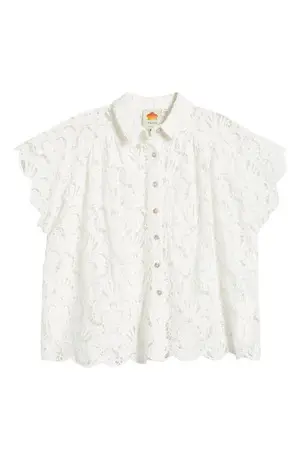 Farm Rio Seashell Embroidered Eyelet Cotton Button-up Shirt