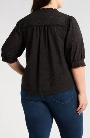 Wit & Wisdom Eyelet Lantern Sleeve Top - Black