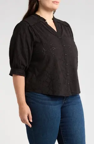 Wit & Wisdom Eyelet Lantern Sleeve Top - Black