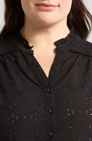 Wit & Wisdom Eyelet Lantern Sleeve Top - Black