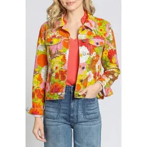 APNY Print Denim Trucker Jacket - Hot Coral Yellow Multi