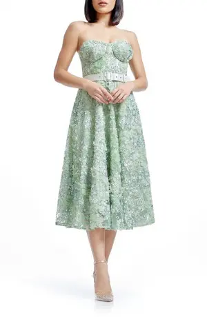 Dress The Population Strapless Beaded Floral Appliqué Cocktail Dress With Belt - Sage Multi