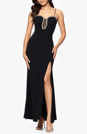 BLONDIE NITES Rhinestone Sweetheart Neck Scuba Knit Gown