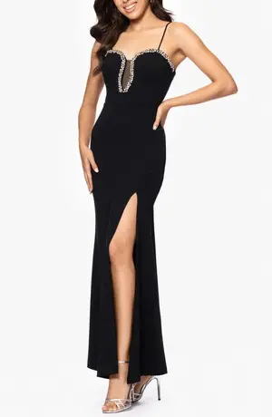 BLONDIE NITES Rhinestone Sweetheart Neck Scuba Knit Gown