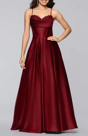 BLONDIE NITES Beaded Embroidery Detail Satin Gown - Wine