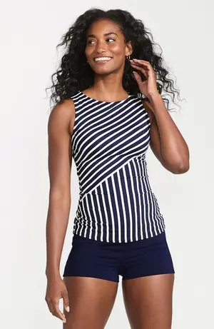 LANDS' END D-cup Upf 50 Sun Protection Tankini Swimsuit Top - Deep Sea Mixed Diagonal Stripe