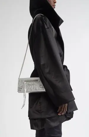 Balenciaga Le City Metallic Leather Wallet On A Chain - 8122 Silver