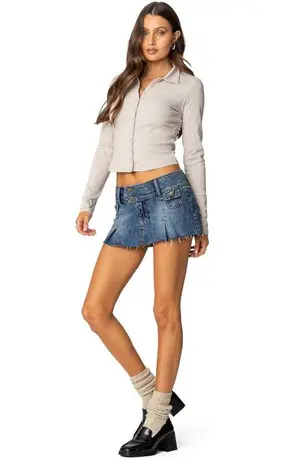 EDIKTED Darin Ribbed Button-up Crop Top - Light-gray