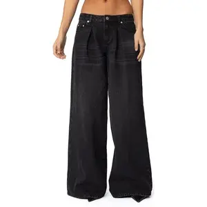 EDIKTED Pleated Low Rise Wide Leg Jeans - Black