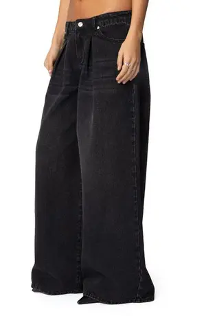 EDIKTED Pleated Low Rise Wide Leg Jeans - Black