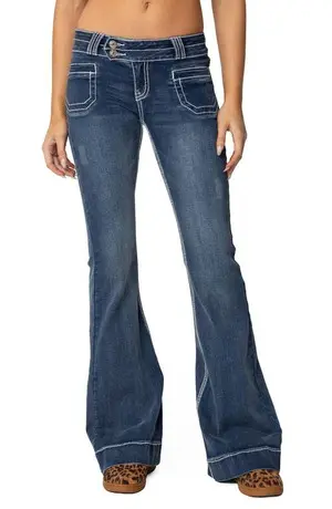 EDIKTED Contrast Topstitch Flare Jeans