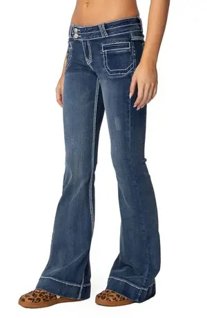 EDIKTED Contrast Topstitch Flare Jeans