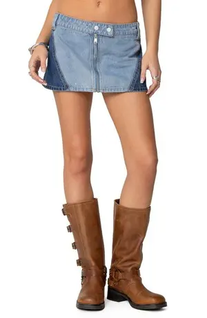EDIKTED Reni Contrast Wash Zip-up Denim Miniskirt - Blue