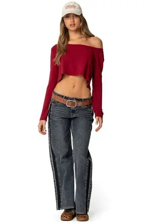EDIKTED One-shoulder Long Sleeve Top - Burgundy