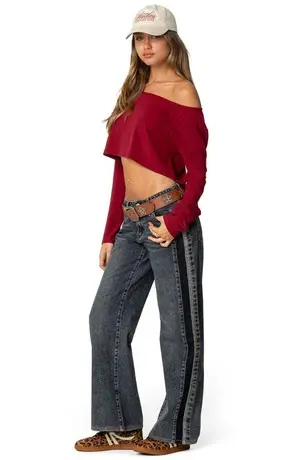 EDIKTED One-shoulder Long Sleeve Top - Burgundy