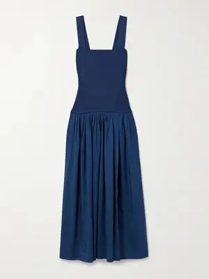 LA LIGNE Stretch-knit And Gathered Linen-blend Midi Dress - Blue