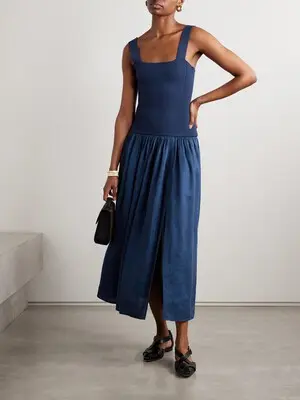 LA LIGNE Stretch-knit And Gathered Linen-blend Midi Dress - Blue