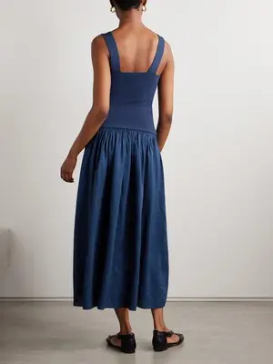 LA LIGNE Stretch-knit And Gathered Linen-blend Midi Dress - Blue