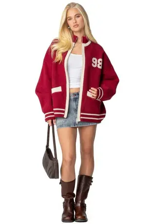 EDIKTED 98 Varsity Zip Sweater - Burgundy