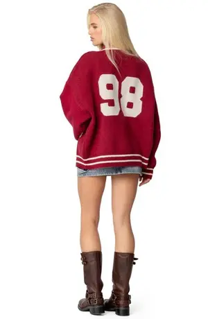 EDIKTED 98 Varsity Zip Sweater - Burgundy