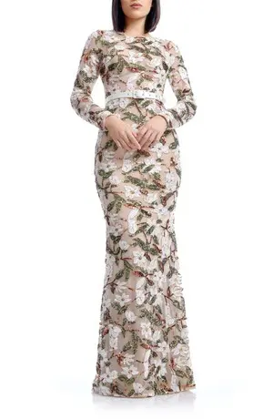 Dress The Population Tamra Sequin Embroidered Mermaid Gown - Ivory Multi