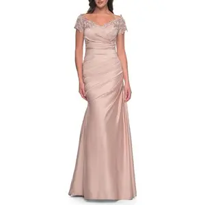La Femme Off-the-shoulder Lace-back Mermaid Gown - Champagne