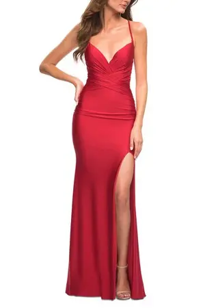 La Femme Criss-cross Bodice Jersey Gown - Red