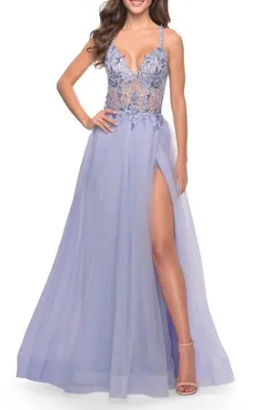 La Femme Tulle Gown With Beaded Lace - Light Periwinkle