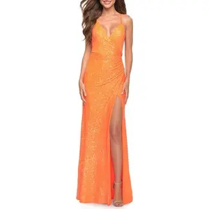 La Femme Sequin Gown With Slit - Orange