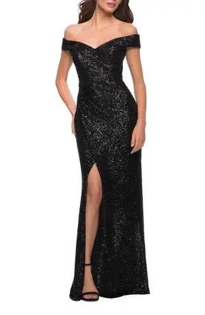 La Femme Off-the-shoulder Sequin Gown With Slit - Black