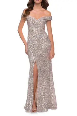 La Femme Off-the-shoulder Sequin Gown With Slit - Silver